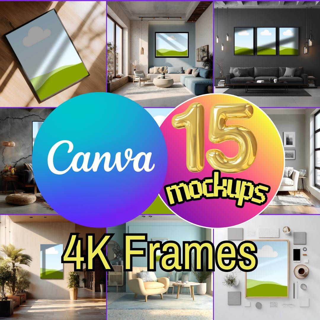 Wall Art Mockups Canva | 15 Digital Frame Mockup Bundle | 4K Templates ...
