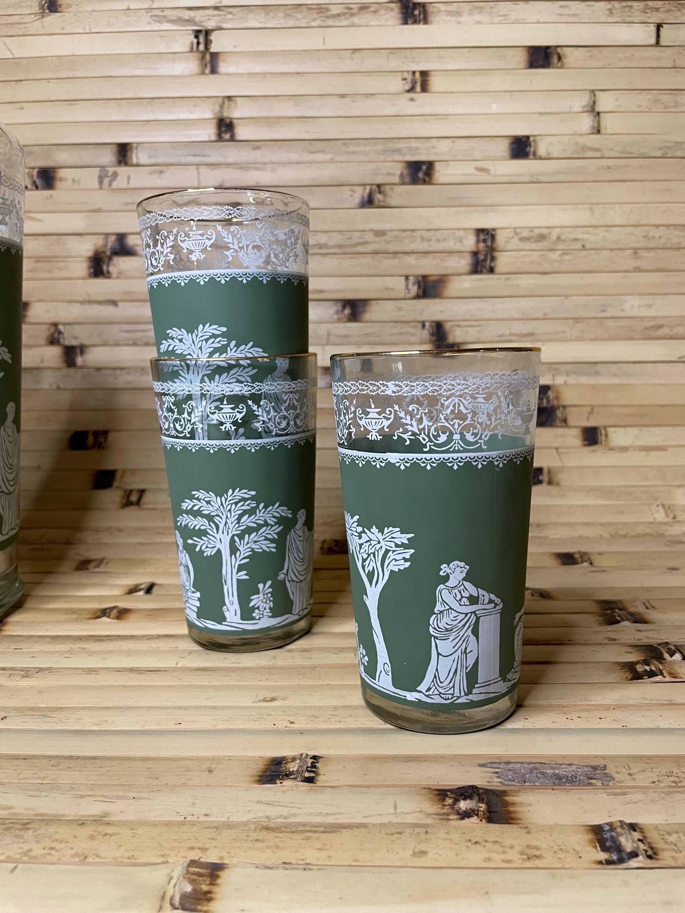 Vintage Jeannette Hellenic Pitcher Green Greek Glass and Four Tumblers ...