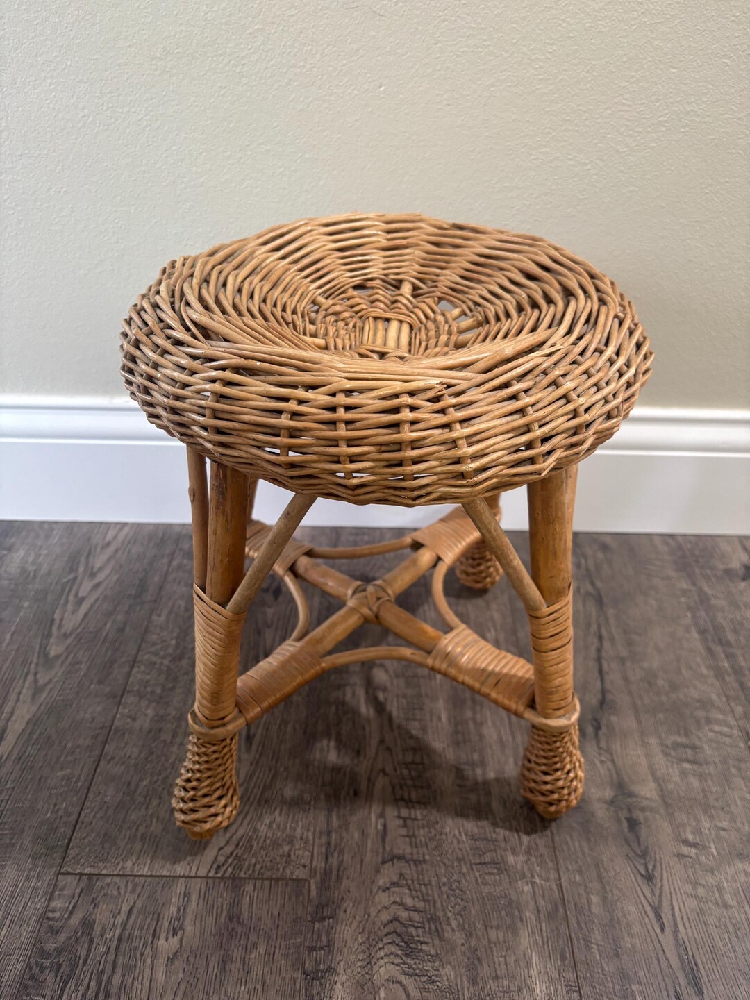 Vintage Mid Century Wicker Rattan Vanity Foot Stool Round Seat Plant ...