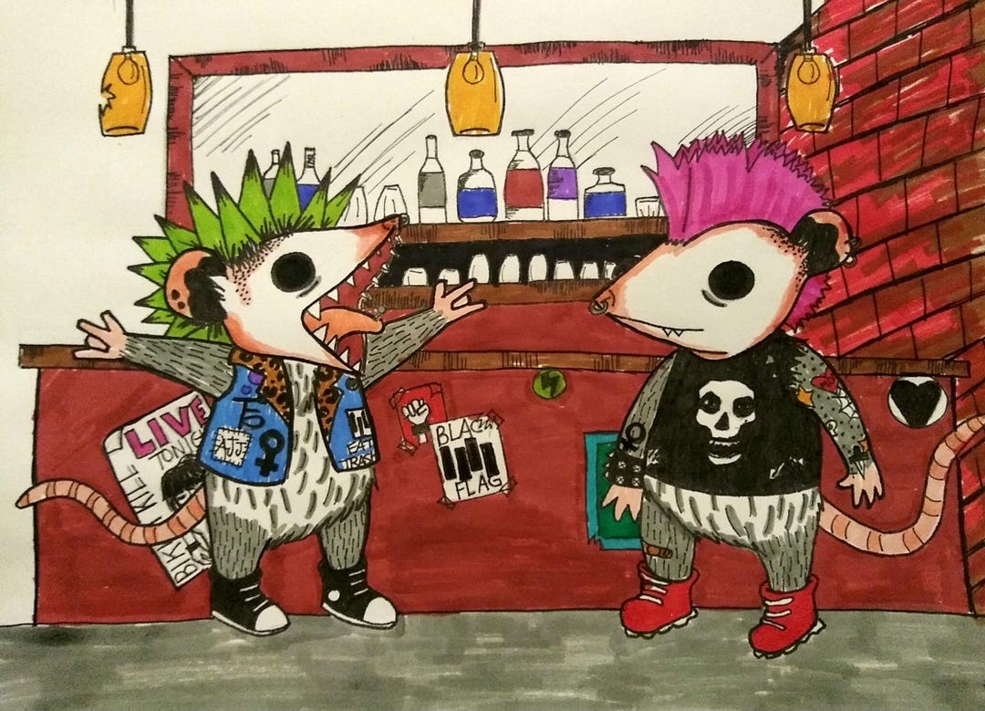 Punk Rock Possum Pen Watercolor Art Print 8x11in or 5x7in Semi-glossy ...