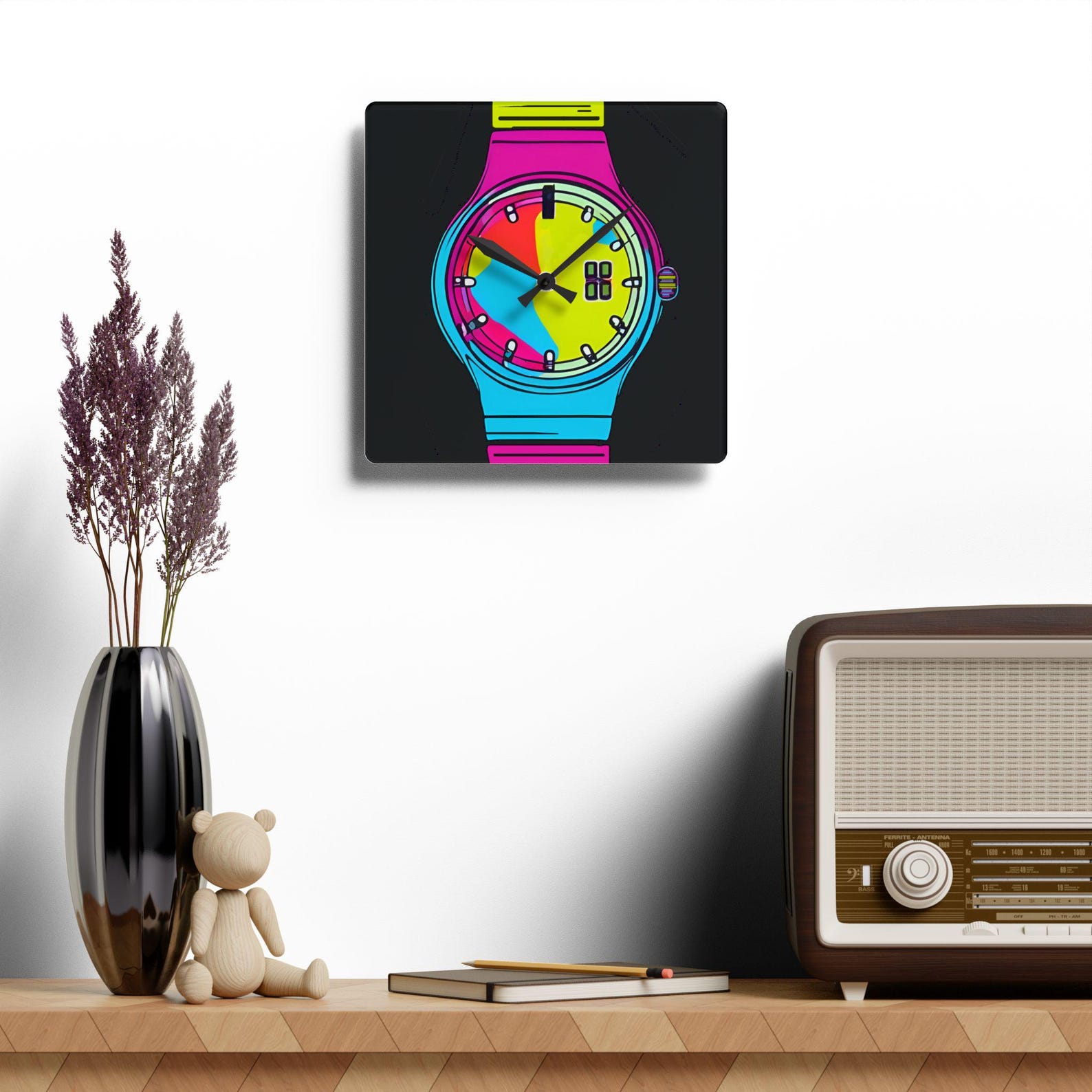 Retro Inspired Wall Clock, Gen X Acrylic 1980s Neon Color Wrist Watch ...