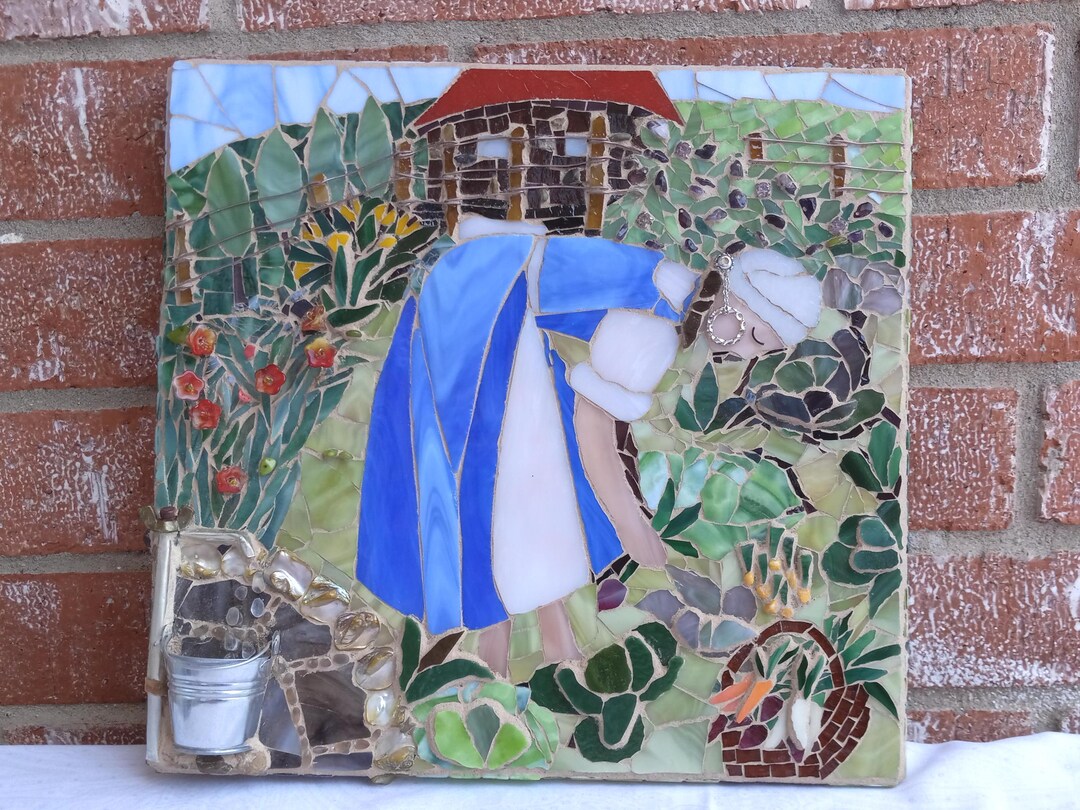 Lady Gardening, Farm Mosaic-stained Glass Panel, Indoor Home Decor ...