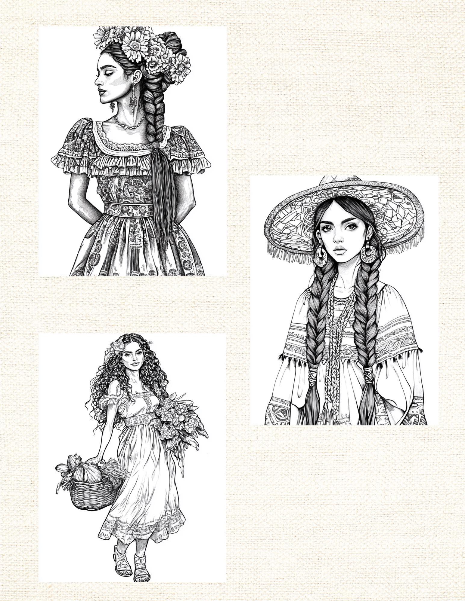 40 Mexican Queen Coloring Book, Printable PDF, Beautiful Mexican Girls ...