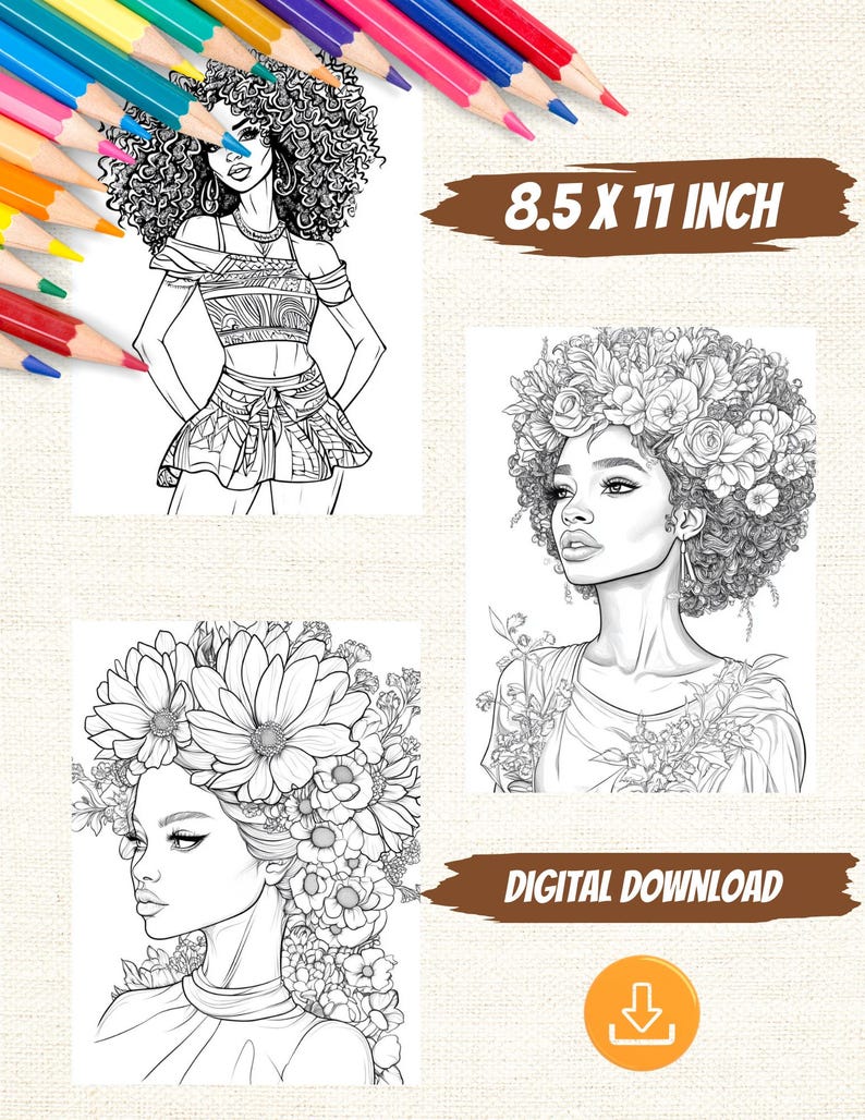 40 African Queen Coloring Book, Printable PDF, Beautiful Black Women ...