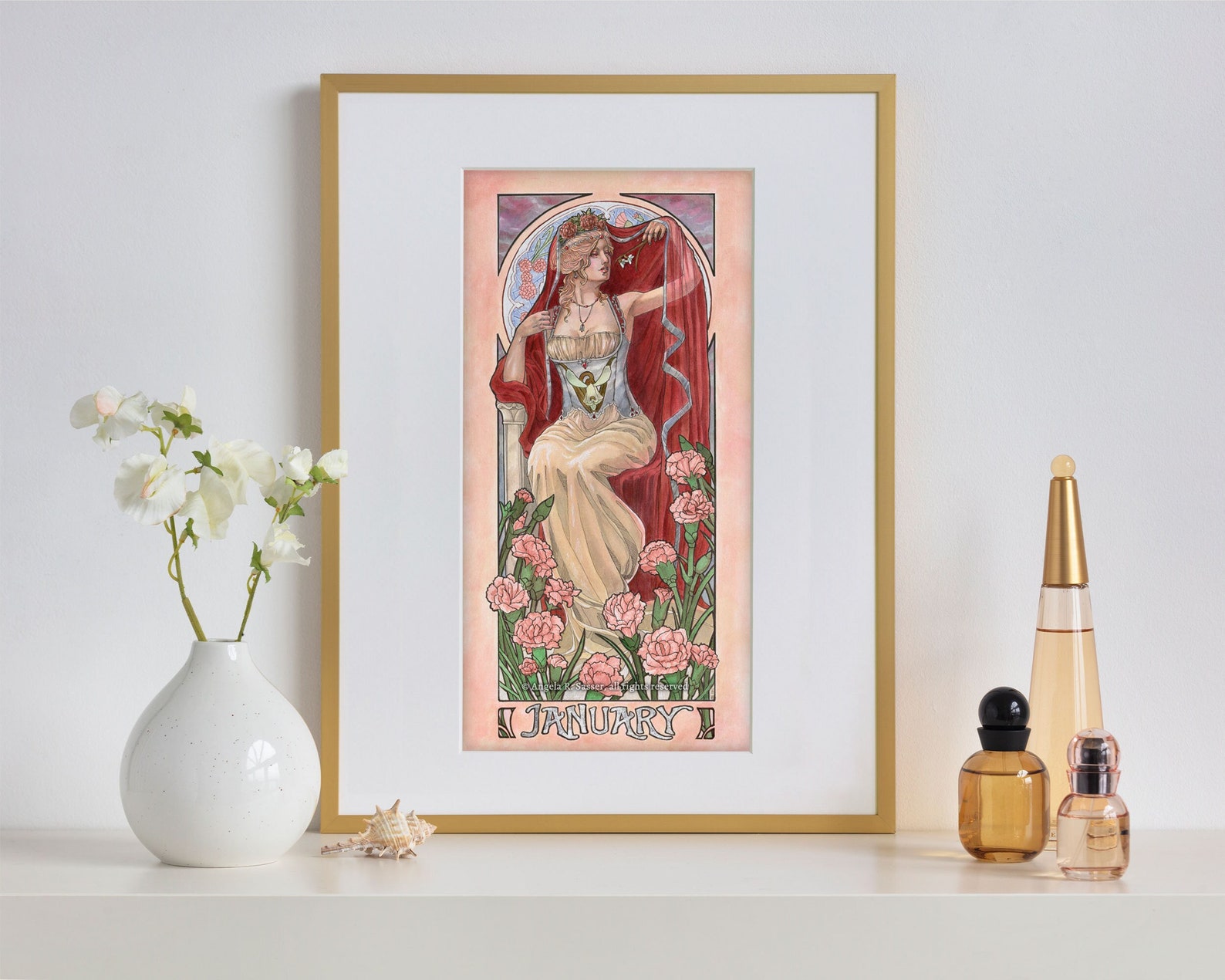 Wall Art Print Lady of January With Snowdrops & Carnations With Veil ...