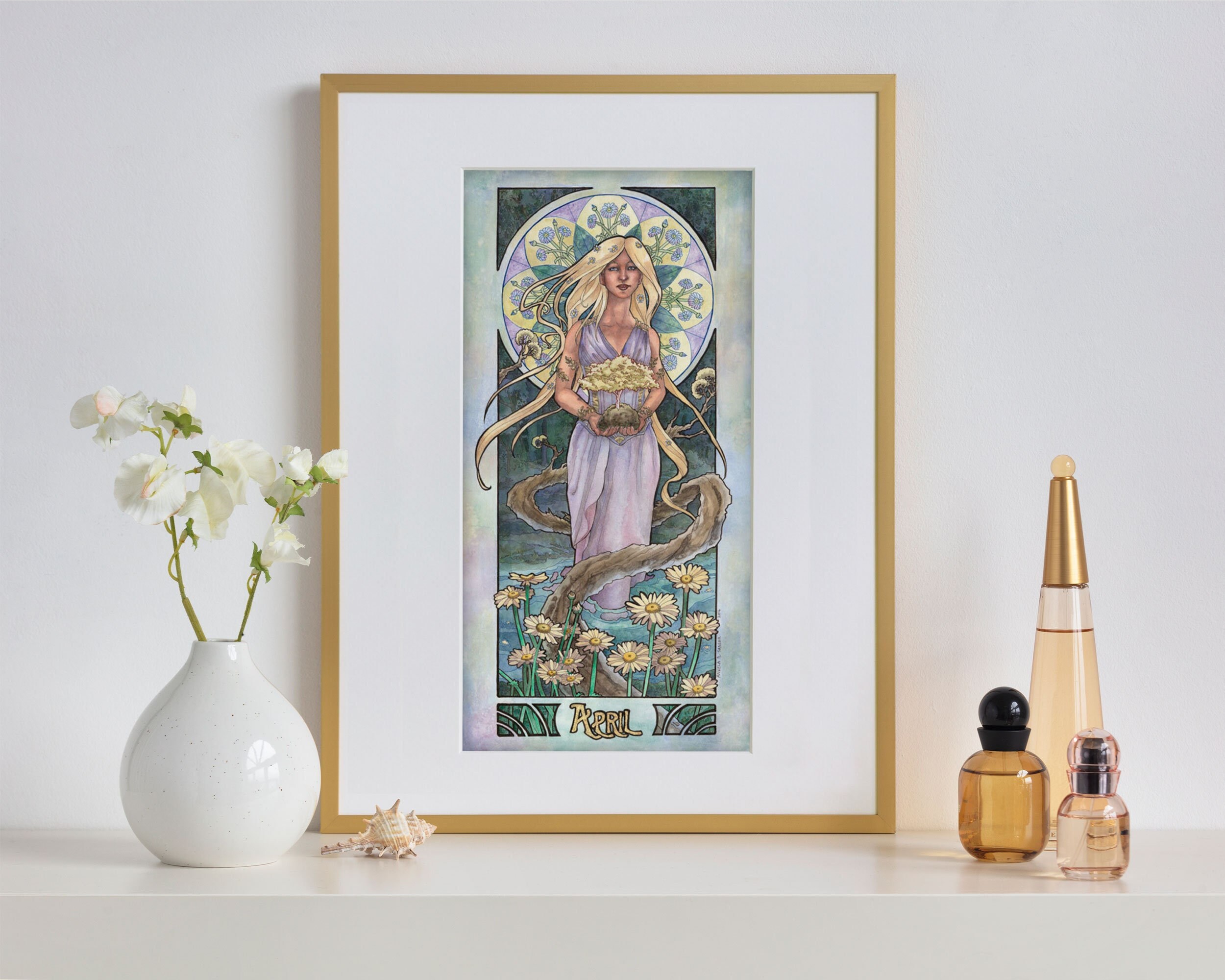 Art Print Lady of April and Trees Nature Bonsai Goddess With Daisies ...