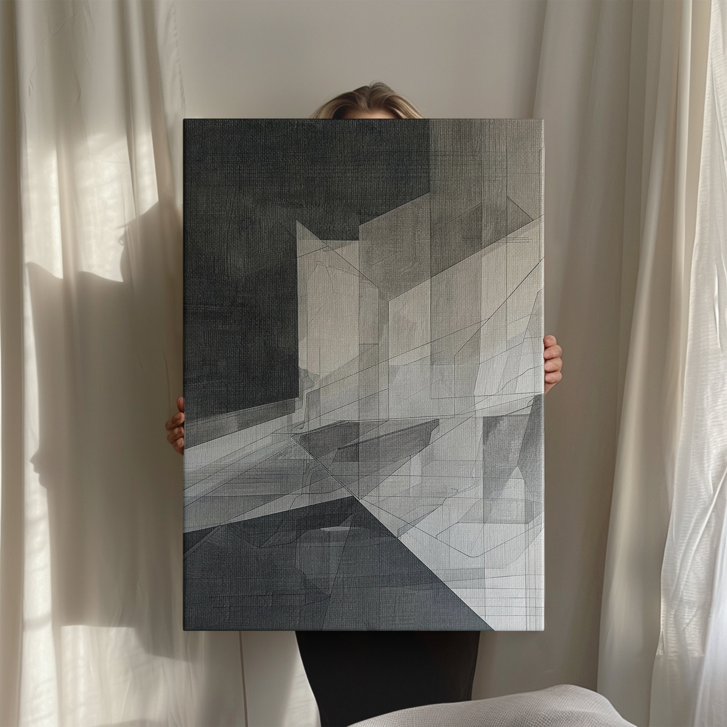 Dark Abstract Print, Geometric Black and Grey Digital Wall Art ...