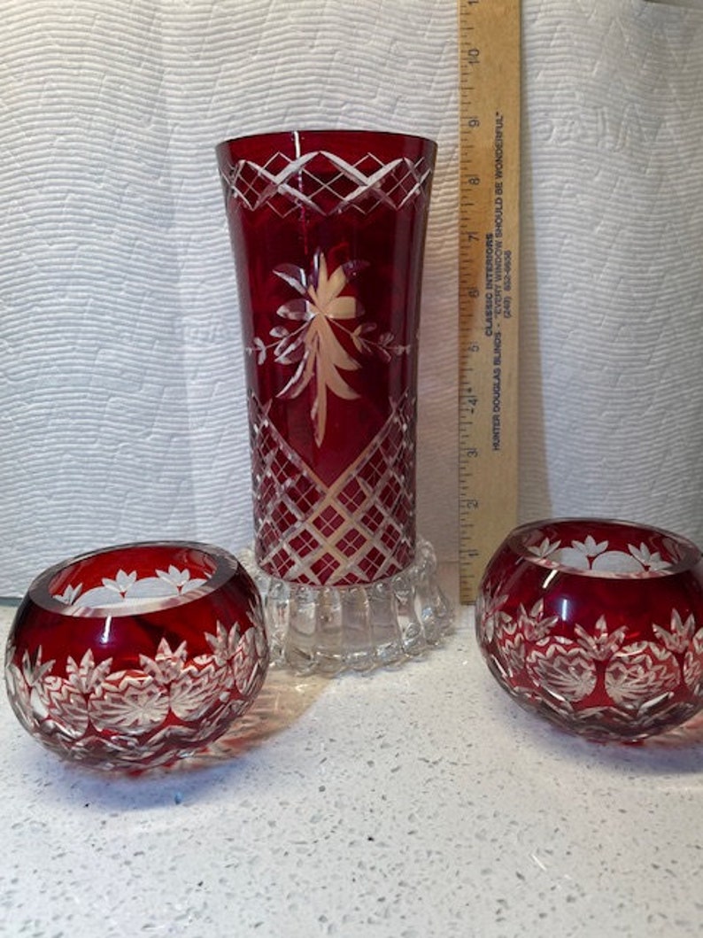 Bohemian Czech Crystal Ruby Red Etched Glass Set of 3 Pieces 2 Tealight ...