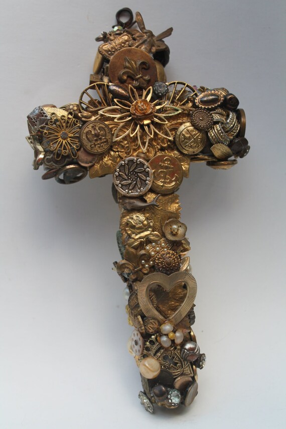 Vintage Jewelry Button Cross Art Assemblage Gold Sculpture MOP - Etsy