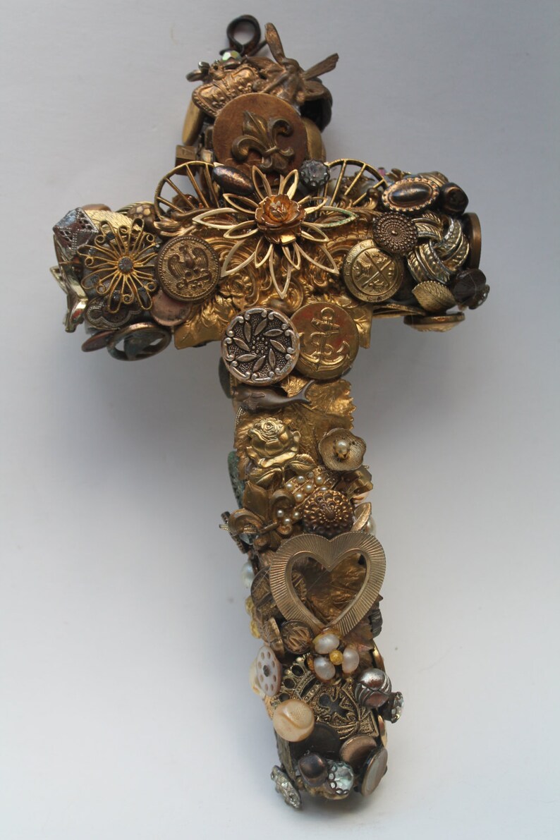 Vintage Jewelry Button Cross Art Assemblage Gold Sculpture MOP ...