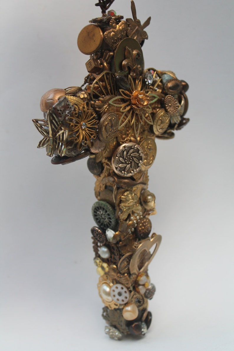 Vintage Jewelry Button Cross Art Assemblage Gold Sculpture MOP ...