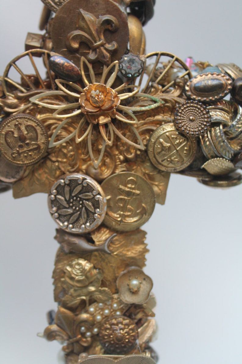 Vintage Jewelry Button Cross Art Assemblage Gold Sculpture MOP ...