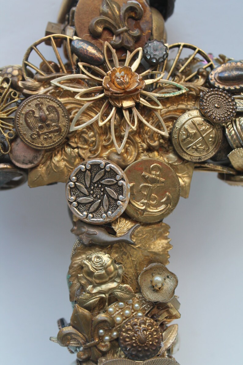 Vintage Jewelry Button Cross Art Assemblage Gold Sculpture MOP ...