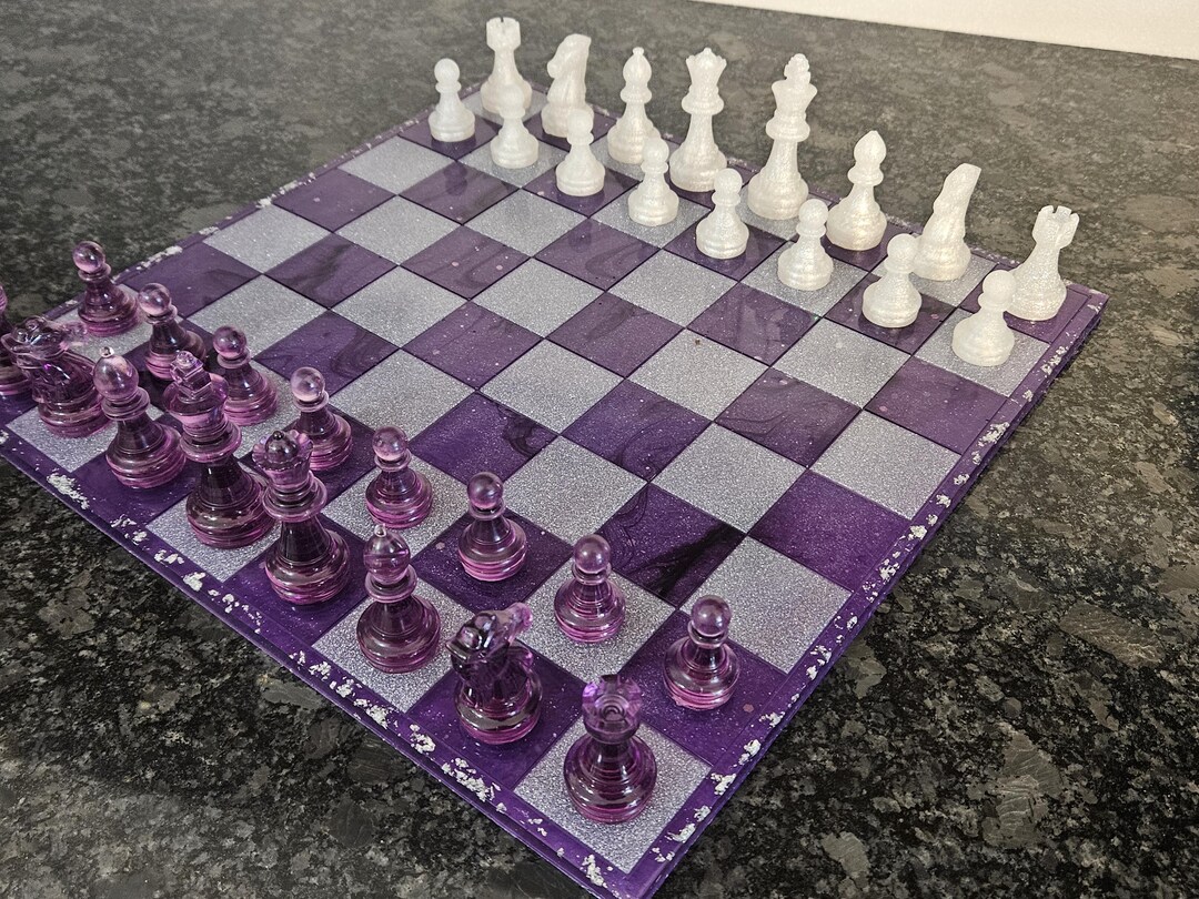 Marbled Purple Chess Board | Checkers Resin Gameboard With Silver ...