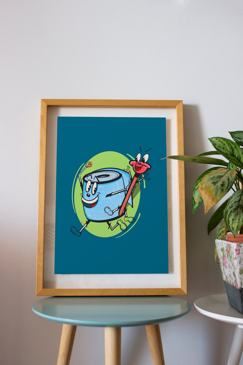 Doodle Toilet Paper & Plunger Cartoon Doodle Print Fun Bathroom Art ...