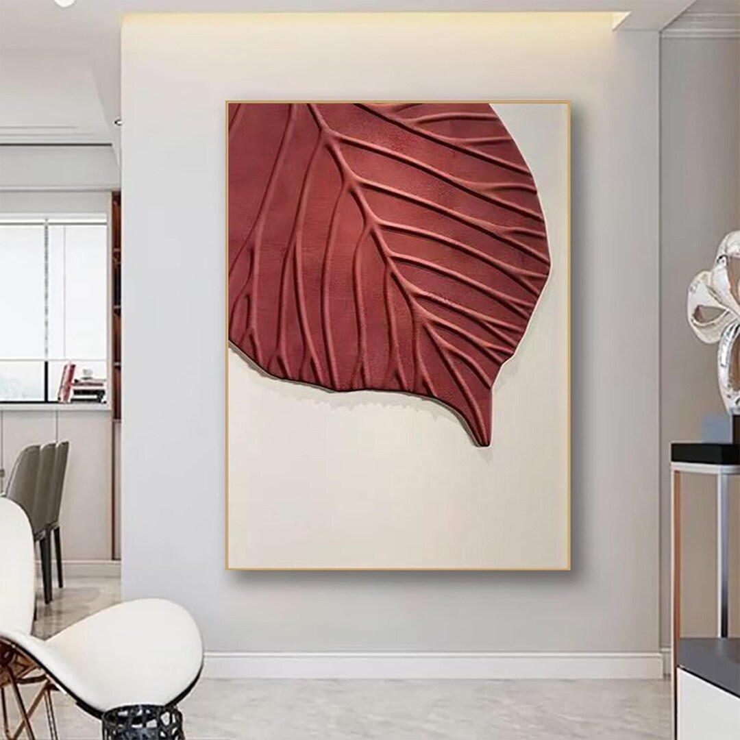 Red Leaf Painting, 3D Textured Large Red Leaf Wall Art, Impressionist ...