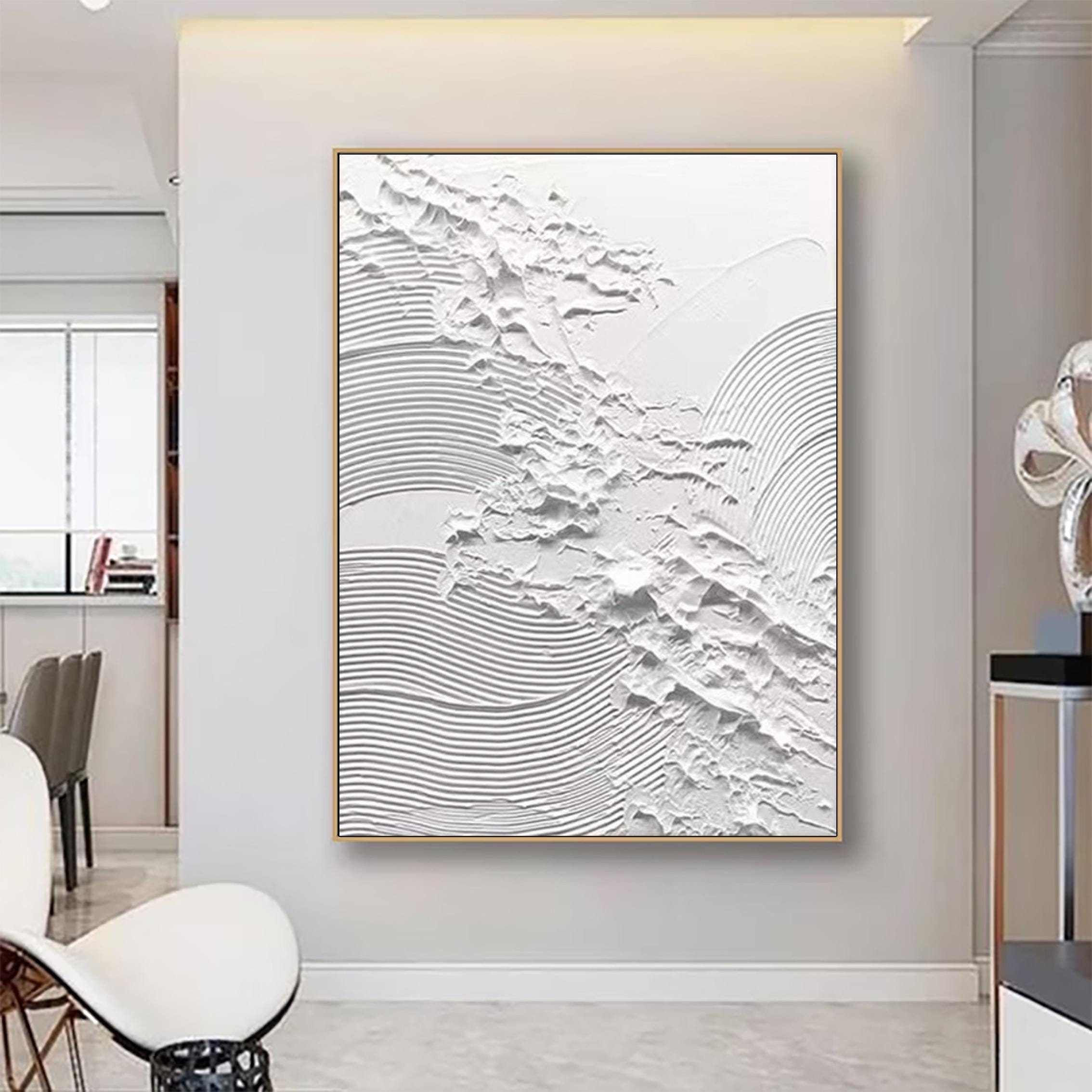 3D White Minimalist Beach Painting Textured Wall Art Ocean Wave Painting on Canvas Wabi-sabi ...