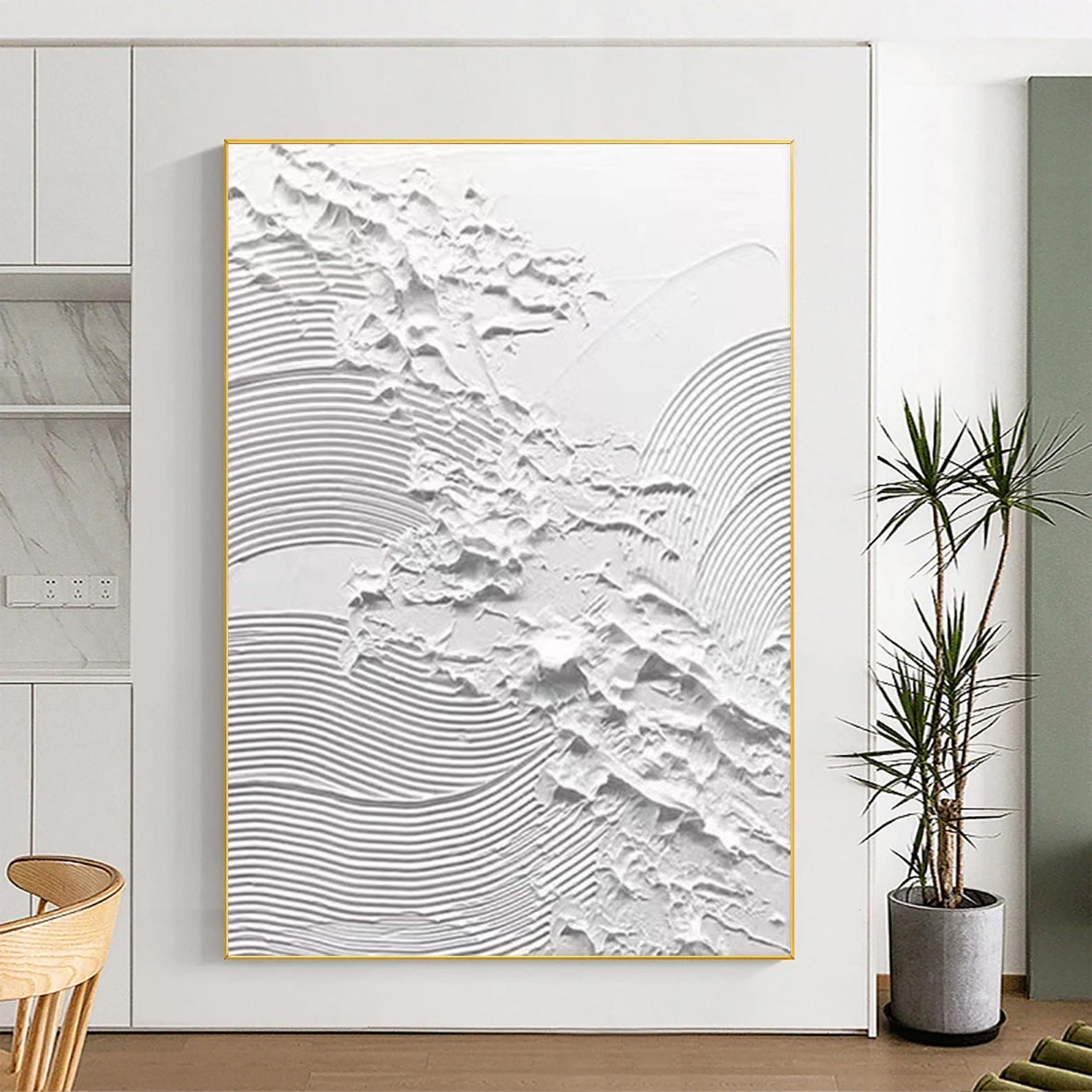 3D White Minimalist Beach Painting Textured Wall Art Ocean Wave Painting on Canvas Wabi-sabi ...