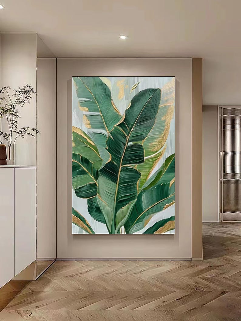Green Leaf Textured Painting on Canvas: Minimalist Boho Wall Art - Etsy