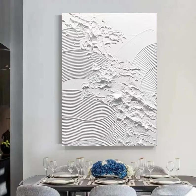 3D White Minimalist Beach Painting Textured Wall Art Ocean Wave ...