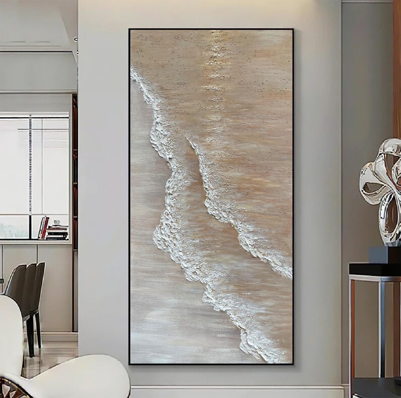 3D Earth Color Minimalist Beach Painting Textured Wall Art Ocean Wave Painting on Canvas Wabi ...