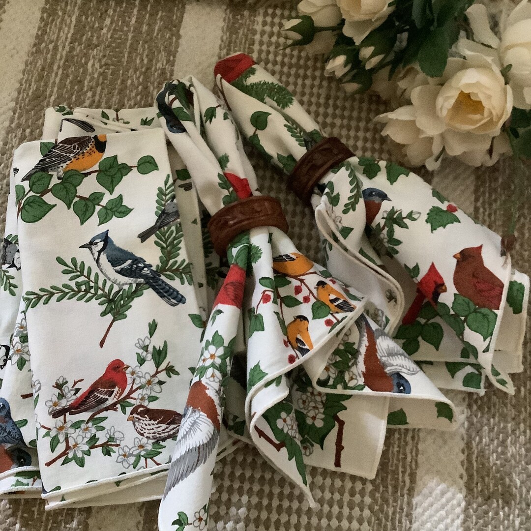 6 Vintage White Thin Cardinal Blue Jay Bird Cotton Blend Napkins 17x17 ...