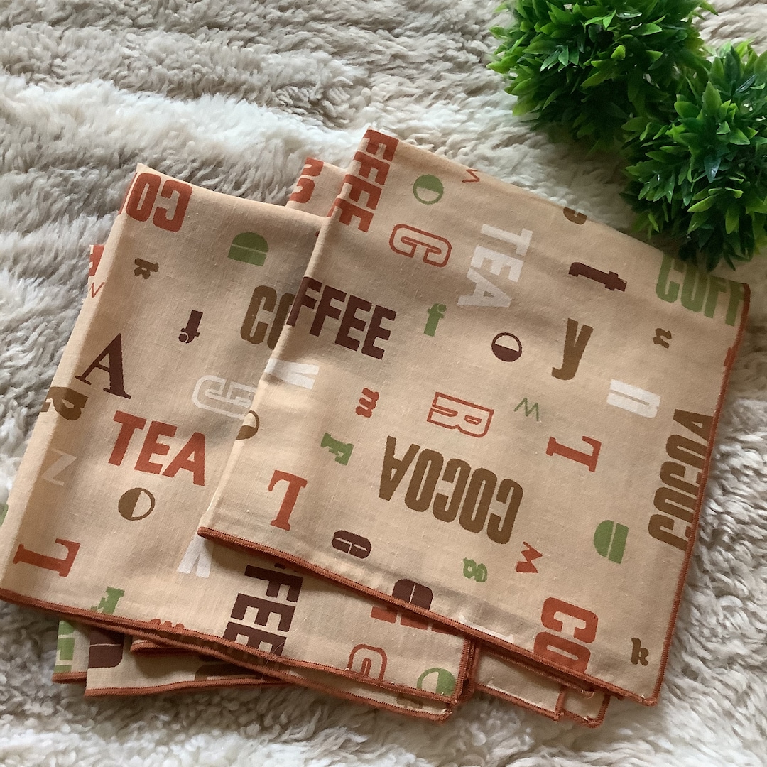 6 Vintage 80s Beige Thin Coffee Coca Tea Logo Cloth Table Napkins 16.5 ...
