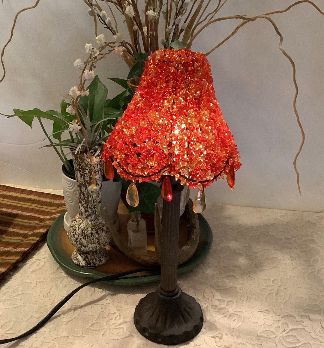 Vintage Small Orange Yellow Metal Faux Crystal Table Night Lamp 16 ...