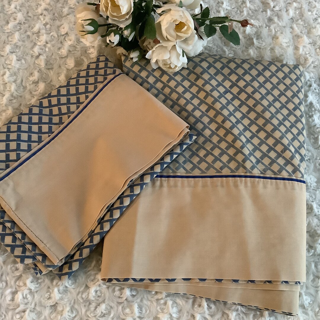 Vintage Springmaid Bill Blass Tan Faded Blue Lattice TWIN Flat Sheet ...