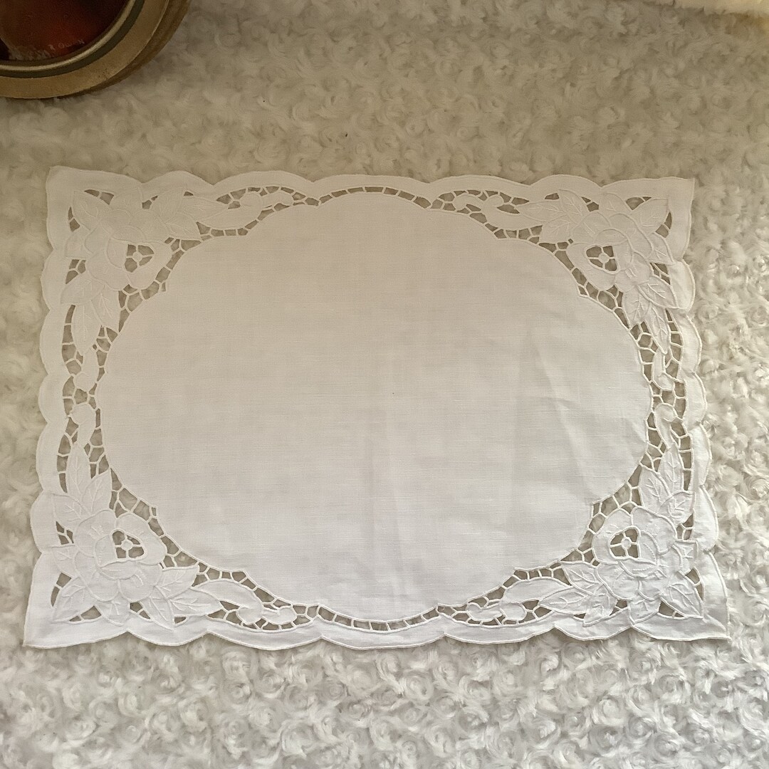 4 Vintage Thin 80s White Cotton Pointe De Venise Floral Roses Place ...