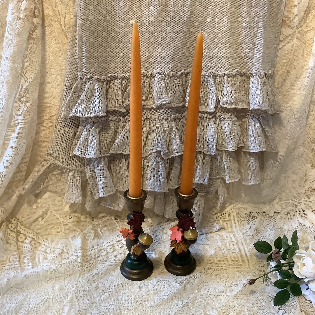 2 Vintage Painted Fall Autumn Wood Tapper Candle Holders Cottagecore ...
