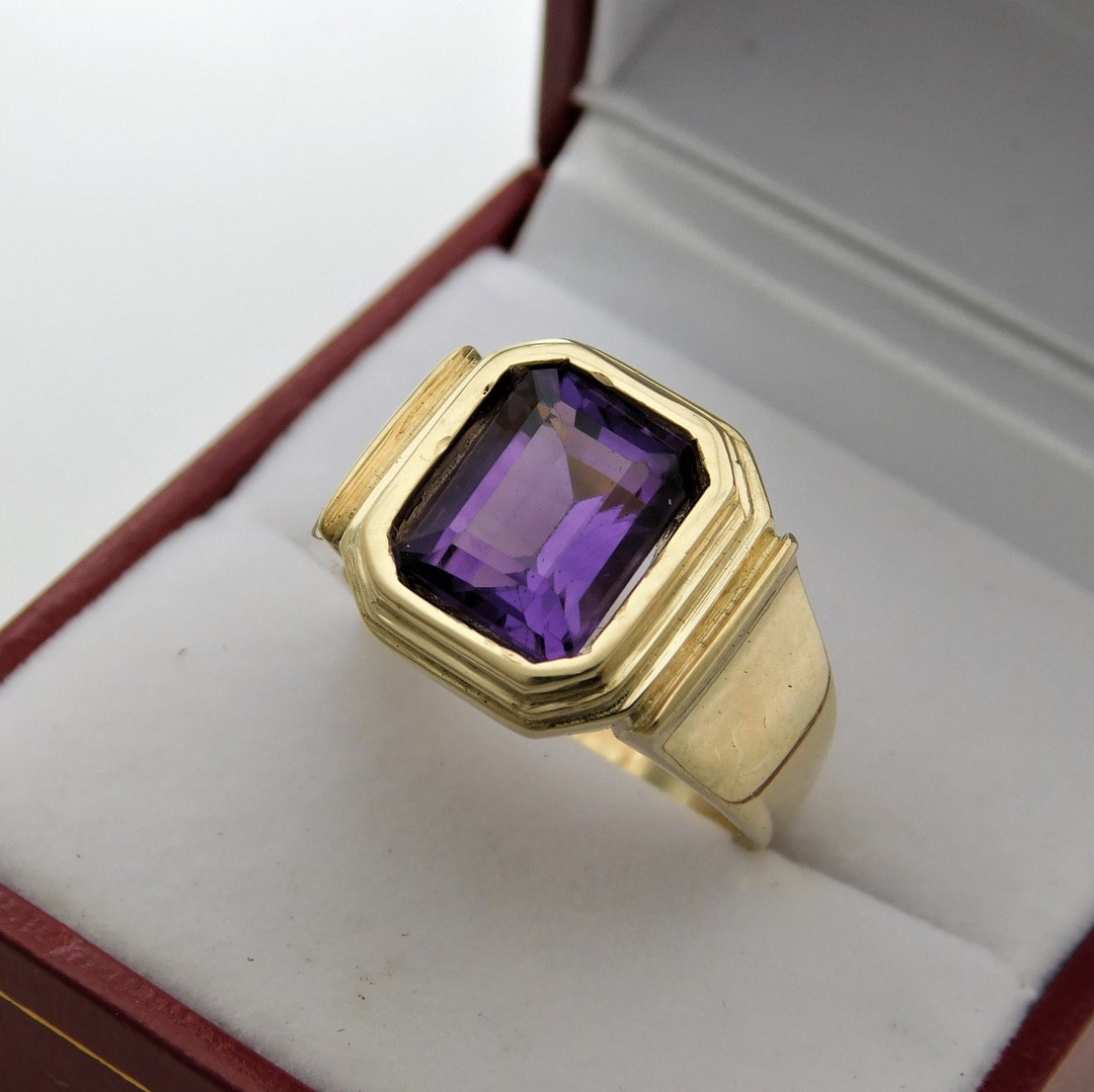 AAAA Amethyst 10x8mm 3.05 Carats Heavy 14K Yellow Gold Emerald Cut Mans ...