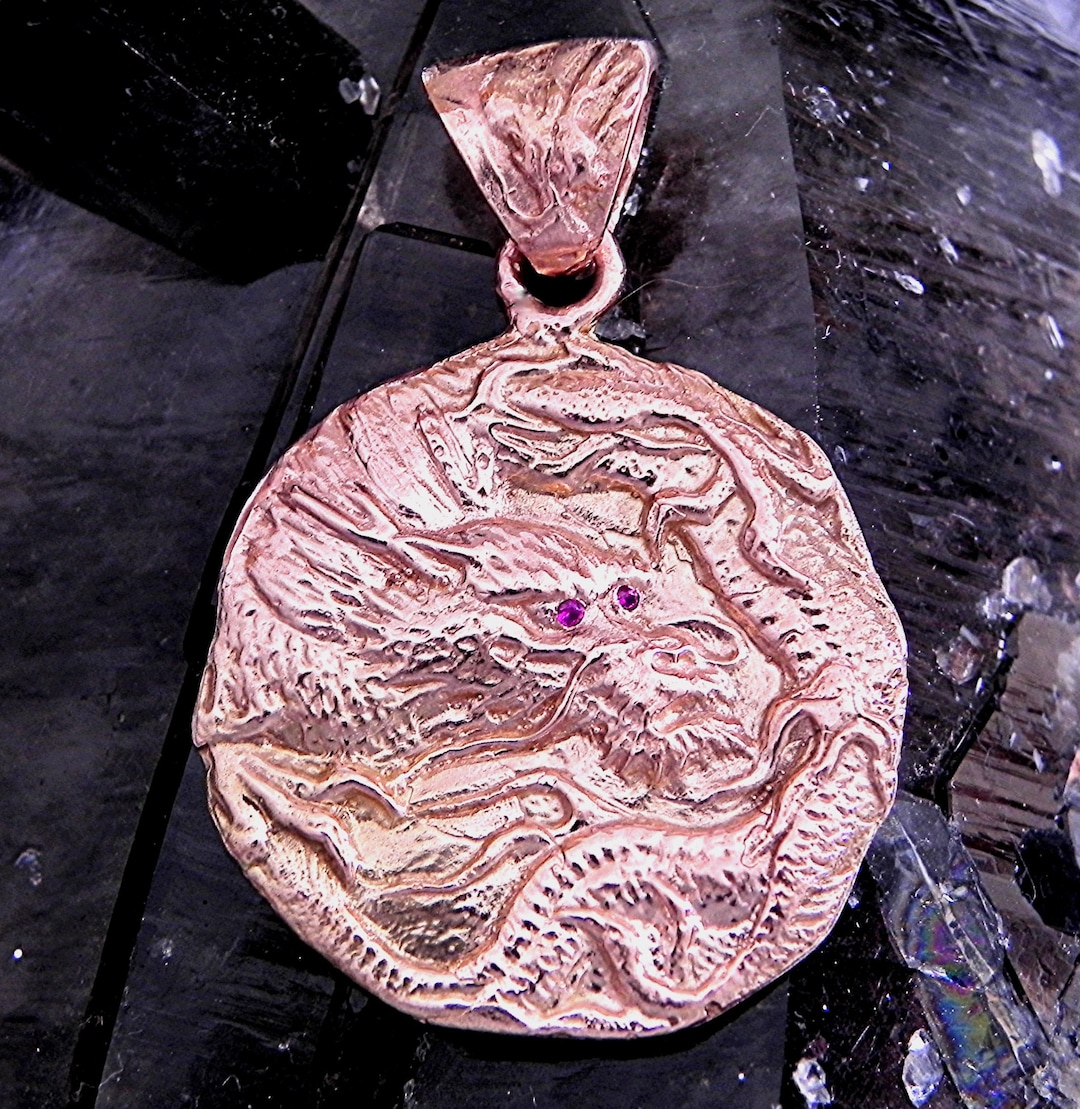 14K Gold DRAGON Rose Gold Pendant W/ Ruby Eyes. Hand Carved. 11.0 Grams ...