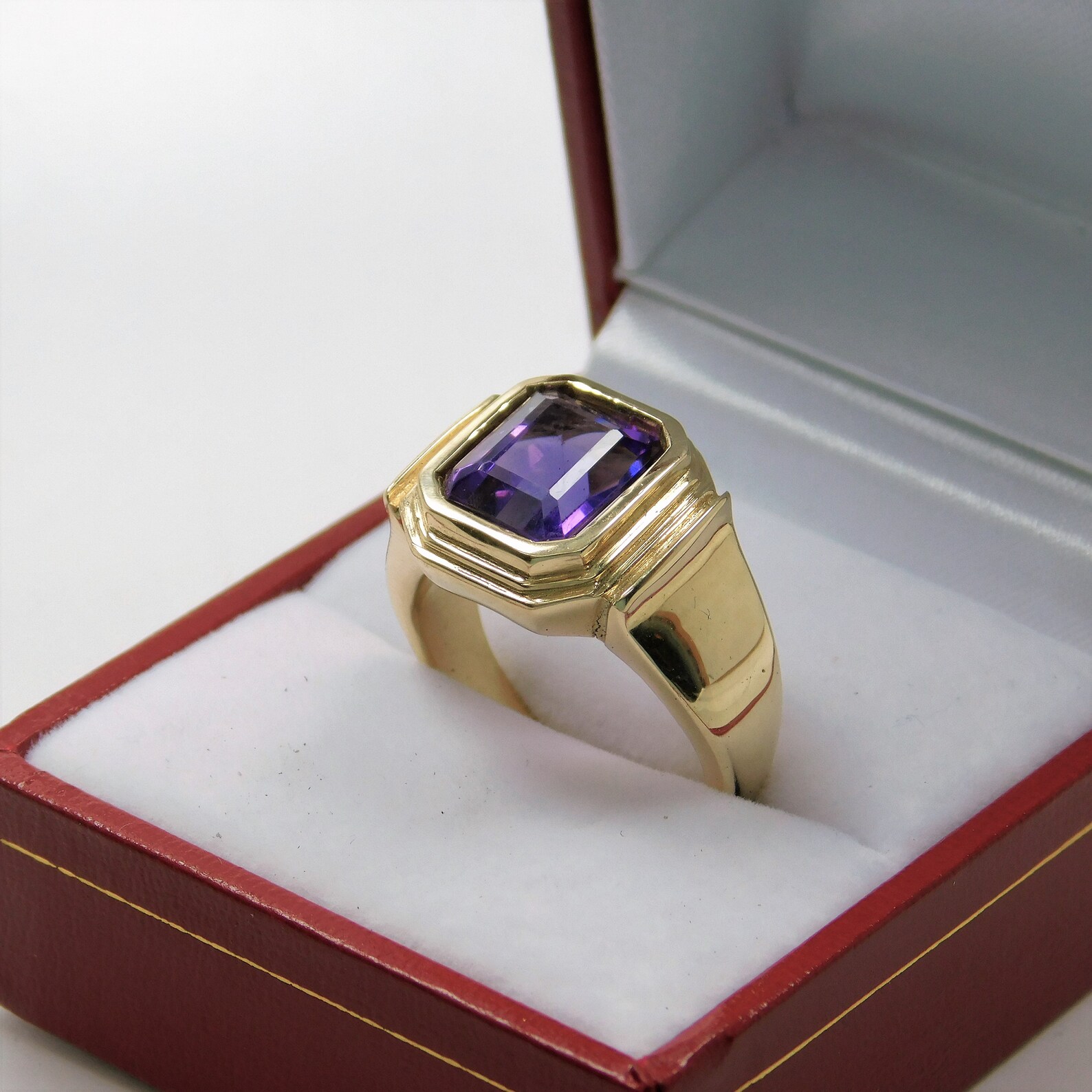 AAAA Amethyst 10x8mm 3.05 Carats Heavy 14K Yellow Gold Emerald Cut Mans ...