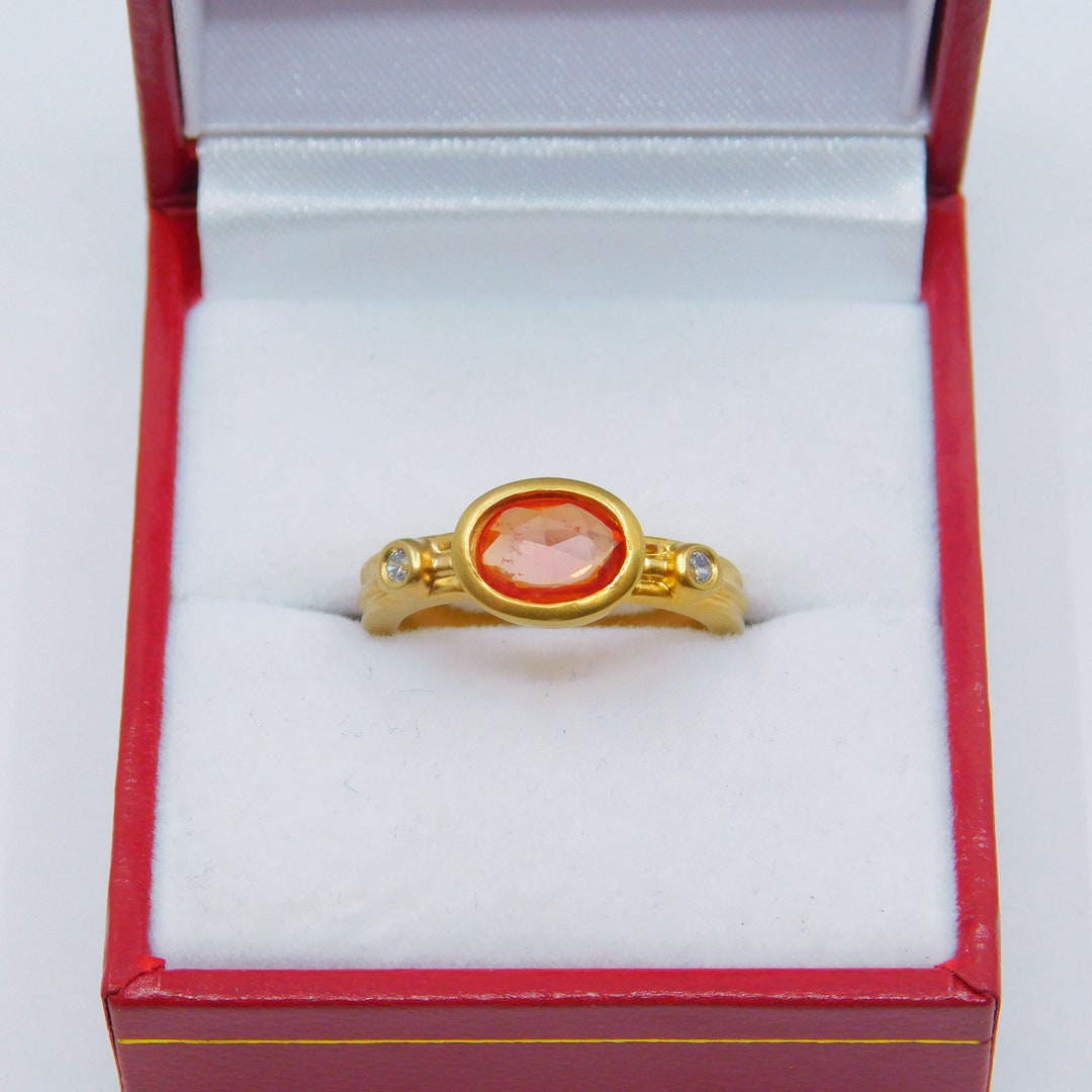 Orange Padparadscha Sapphire 0.85 Carats 7.5x5.5mm Three Stone Bezel ...