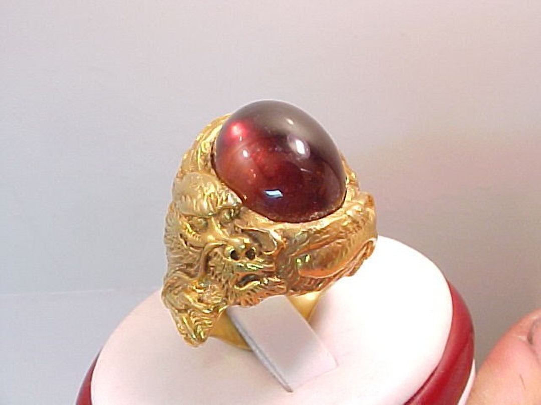 22K Gold Dragon Ring LIMITED EDITION Hand Carved Sculpted W/ Garnet ...