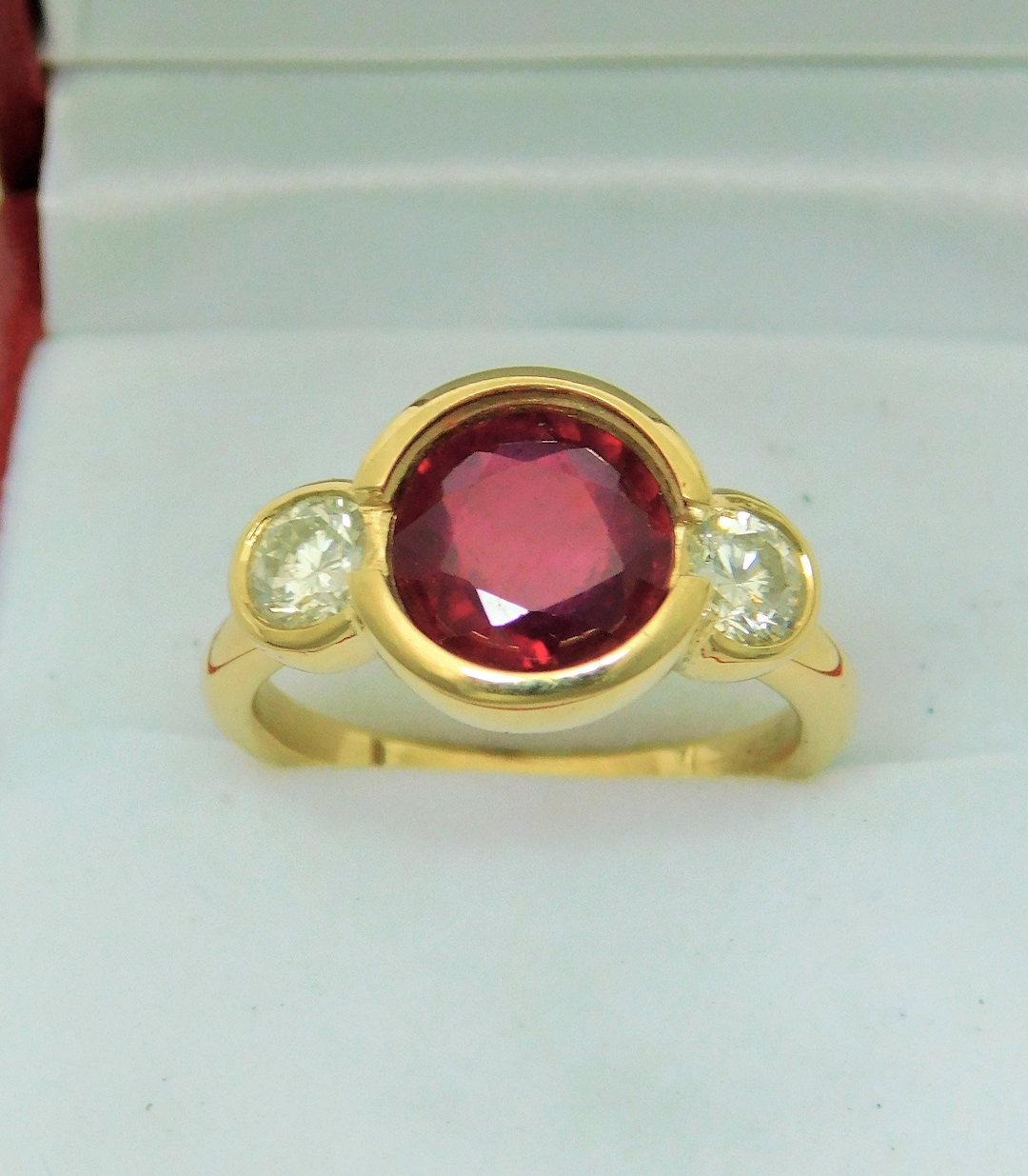 Glass-filled Composite Ruby 9mm 3.10 Cts 3 Stone Bezel 14K Yellow Gold ...