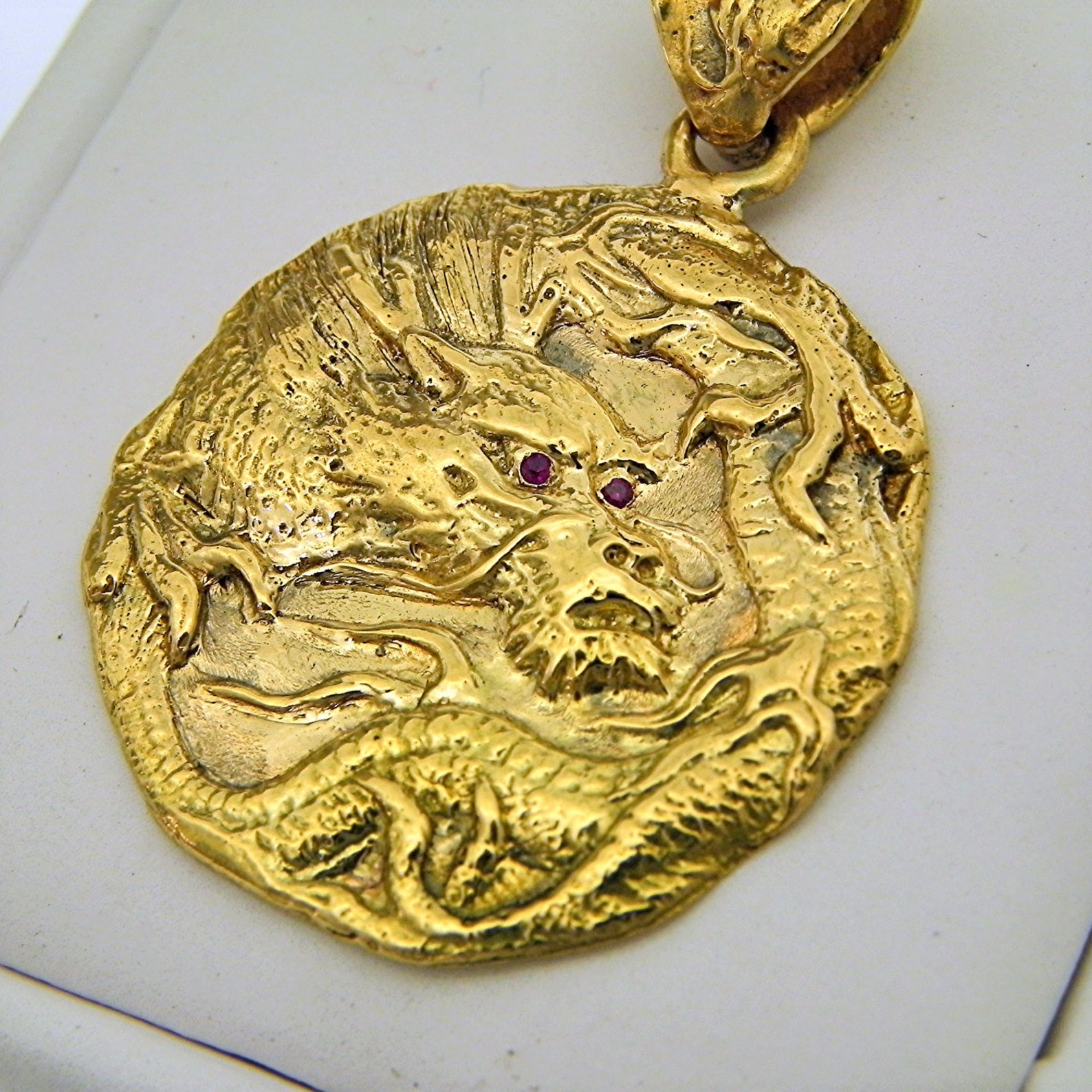 14K Gold DRAGON Rose Gold Pendant W/ Ruby Eyes. Hand Carved. 11.0 Grams ...