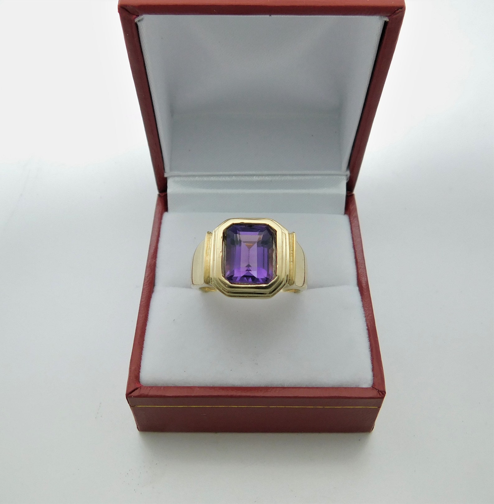 AAAA Amethyst 10x8mm 3.05 Carats Heavy 14K Yellow Gold Emerald Cut Mans ...