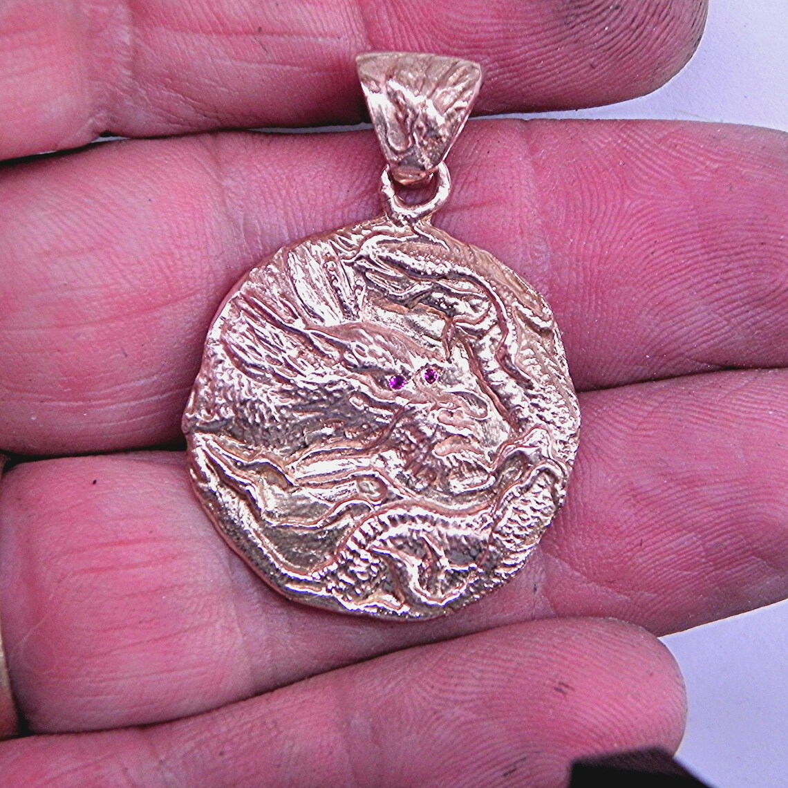 14K Gold DRAGON Rose Gold Pendant W/ Ruby Eyes. Hand Carved. 11.0 Grams ...