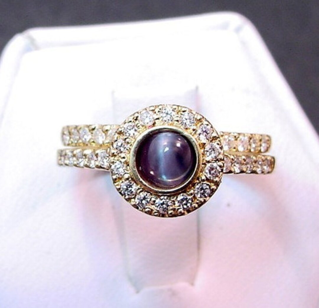AAAA Cats Eye Alexandrite 4.55mm .55 Carats 14K Yellow Gold Diamond ...