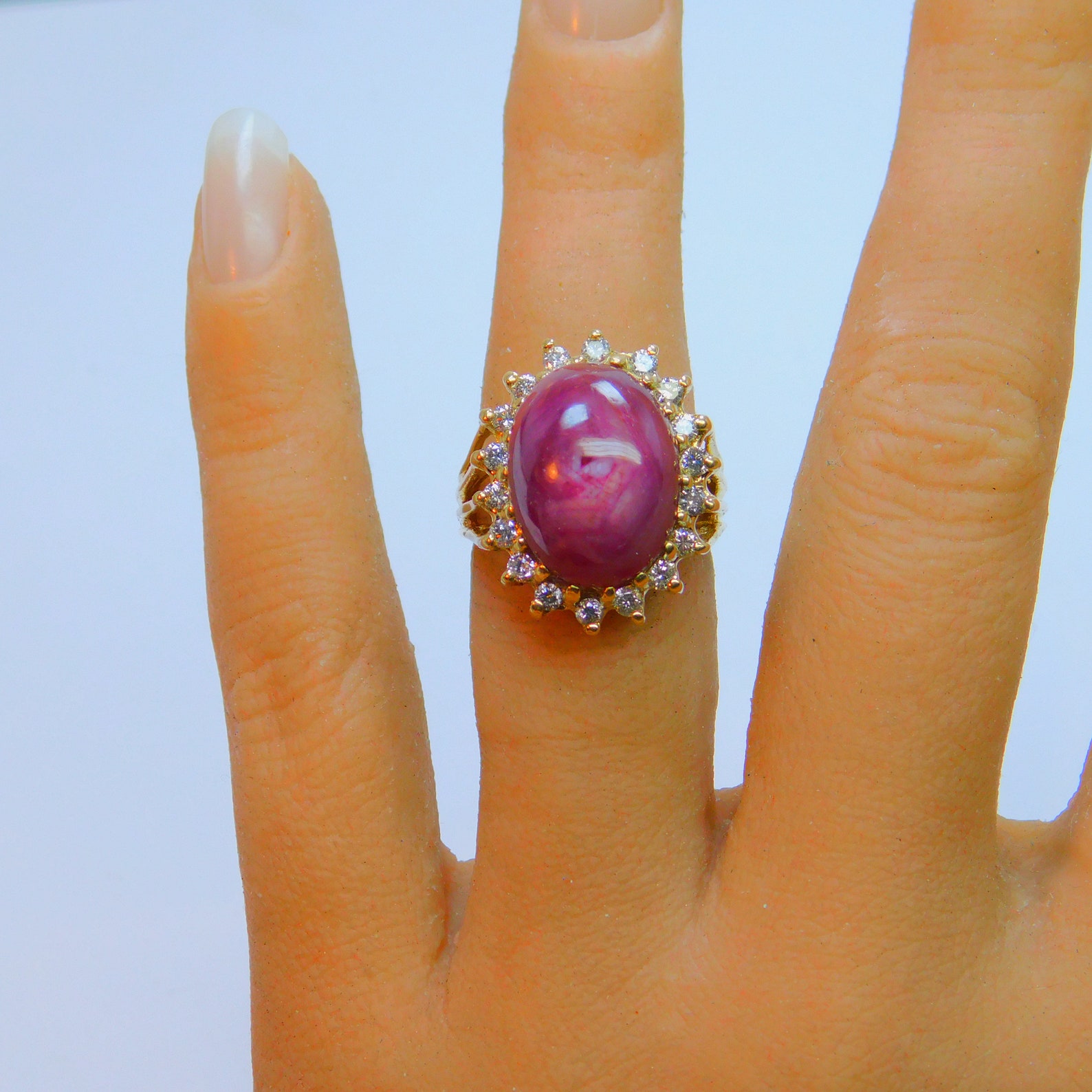 AAAA Star Ruby 13.56 Carats 16x12mm in 14K Yellow Gold Diamond Halo ...