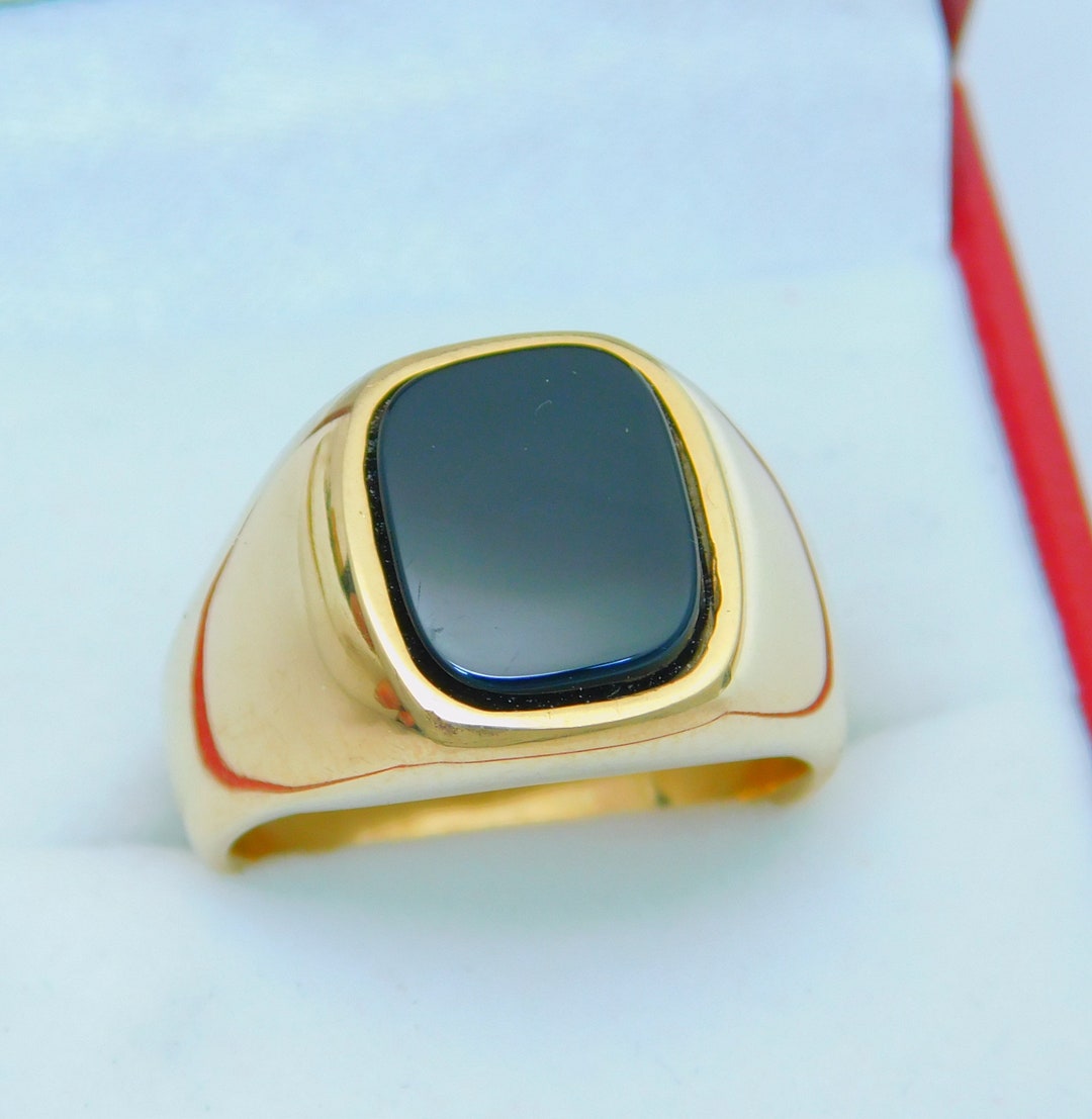AAAA Black Onyx 12x10mm 4.5 Carats Heavy 18K Yellow Gold Mens Ring 20 ...