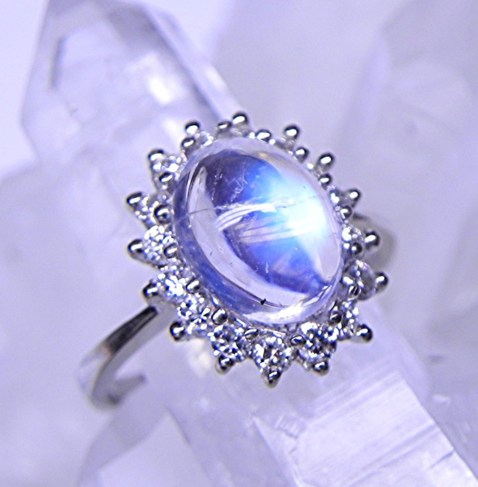 AAA Natural Blue Moonstone 10x8mm 2.32 Carats 14K White Gold Ring Set ...