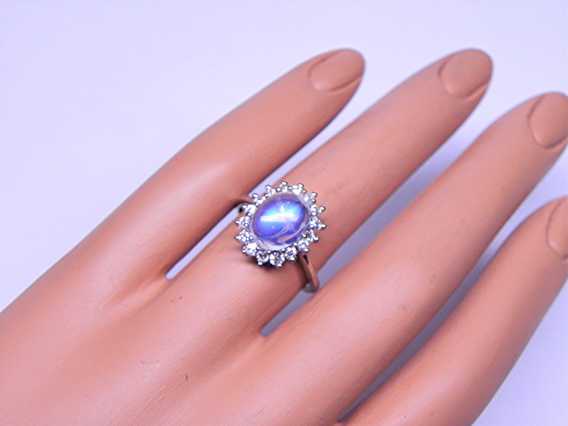 AAA Natural Blue Moonstone 10x8mm 2.32 Carats 14K White Gold Ring Set ...