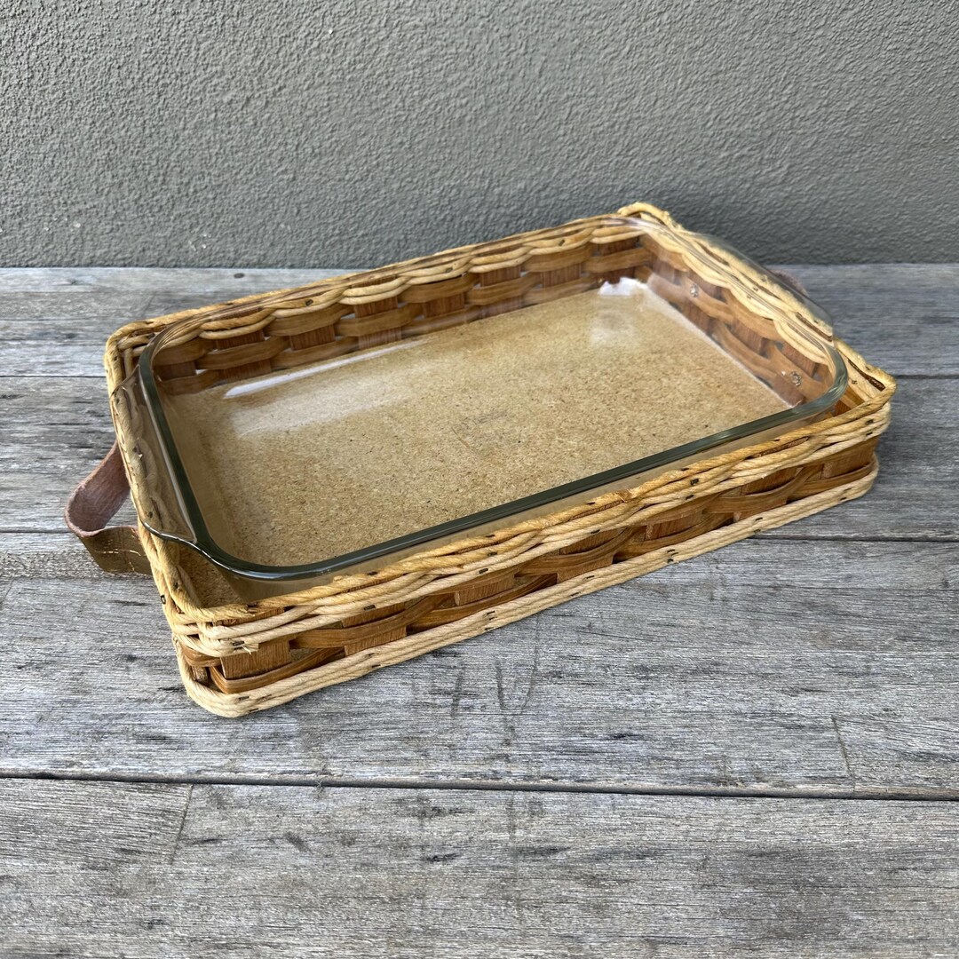 Vintage Pyrex Casserole Dish and Wicker Weave Basket With Leather ...
