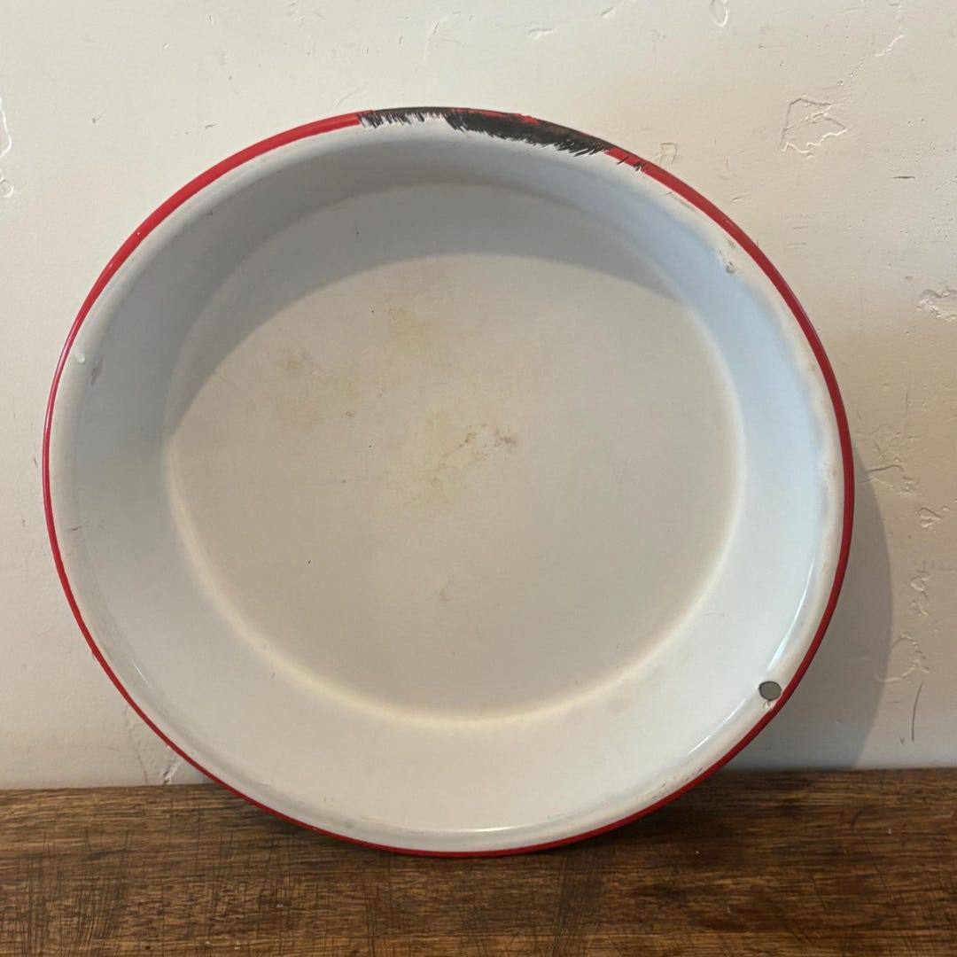 Vintage Enamelware Pie Plate White With Red Edge - Etsy