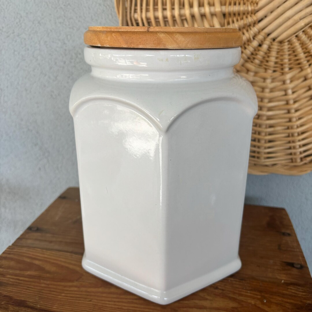 White Ceramic and Light Wood Hexagon Canister - Etsy