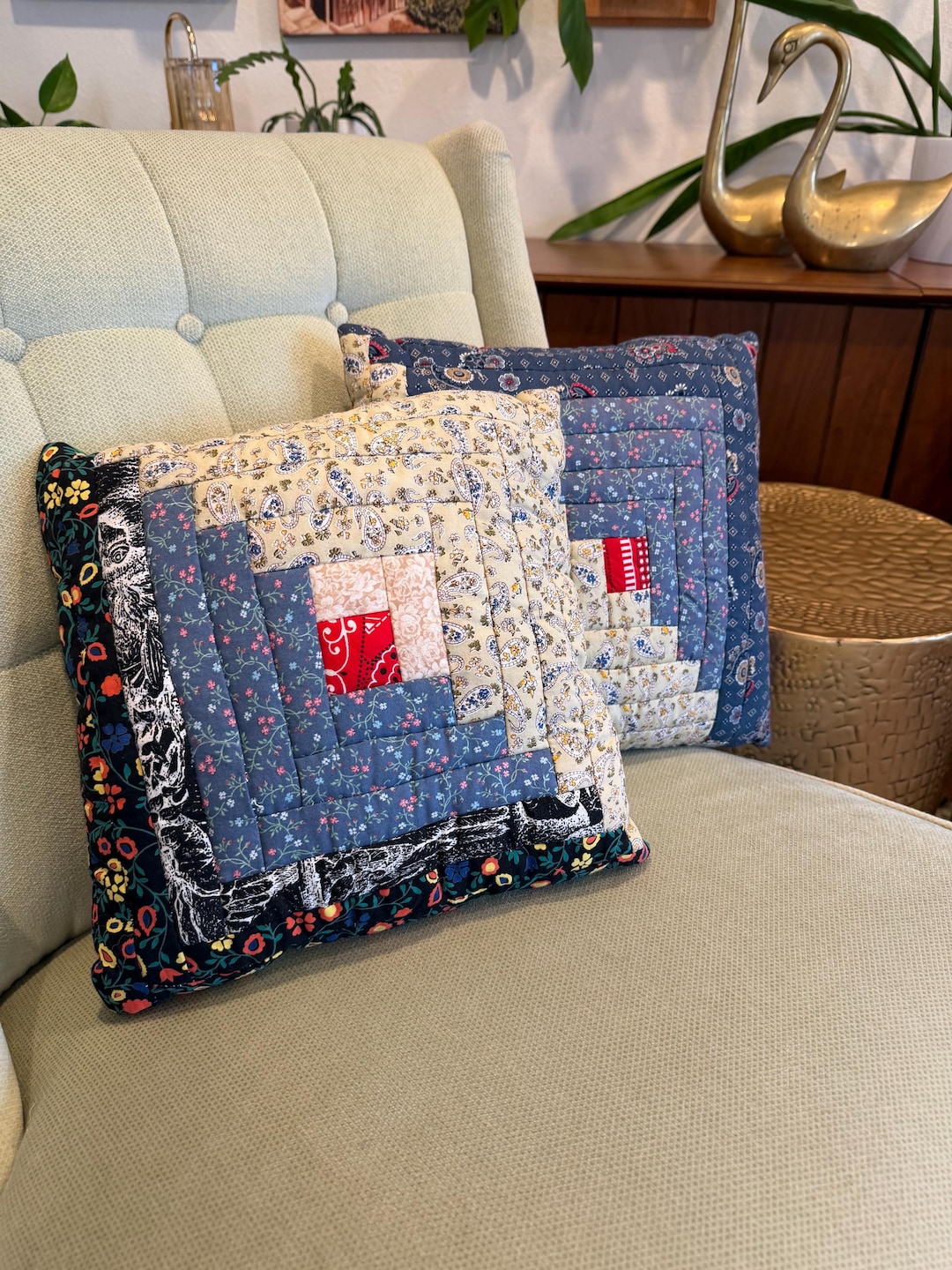 Vintage Handmade Quilted Log Cabin Pillow Pair - Etsy