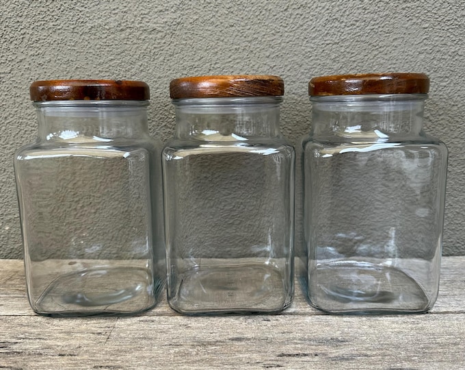 Vintage Square Glass Canister Set With Wood Lids Set of 3 - Etsy